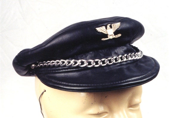 Vintager 1950s BICK Leather Harley Biker Hat with Visor Chain