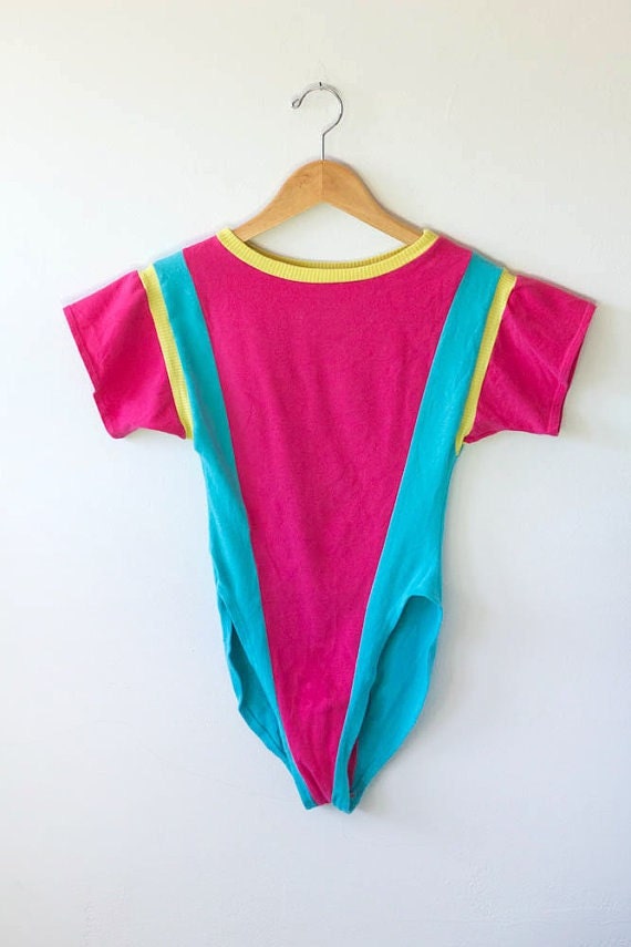 Vintage 80s Jane Fonda Neon Pink Blue and Yellow One Piece