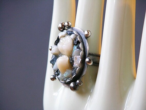 Duo Teeth Portrait Ring Made With Fake Teeth And Rough Opals