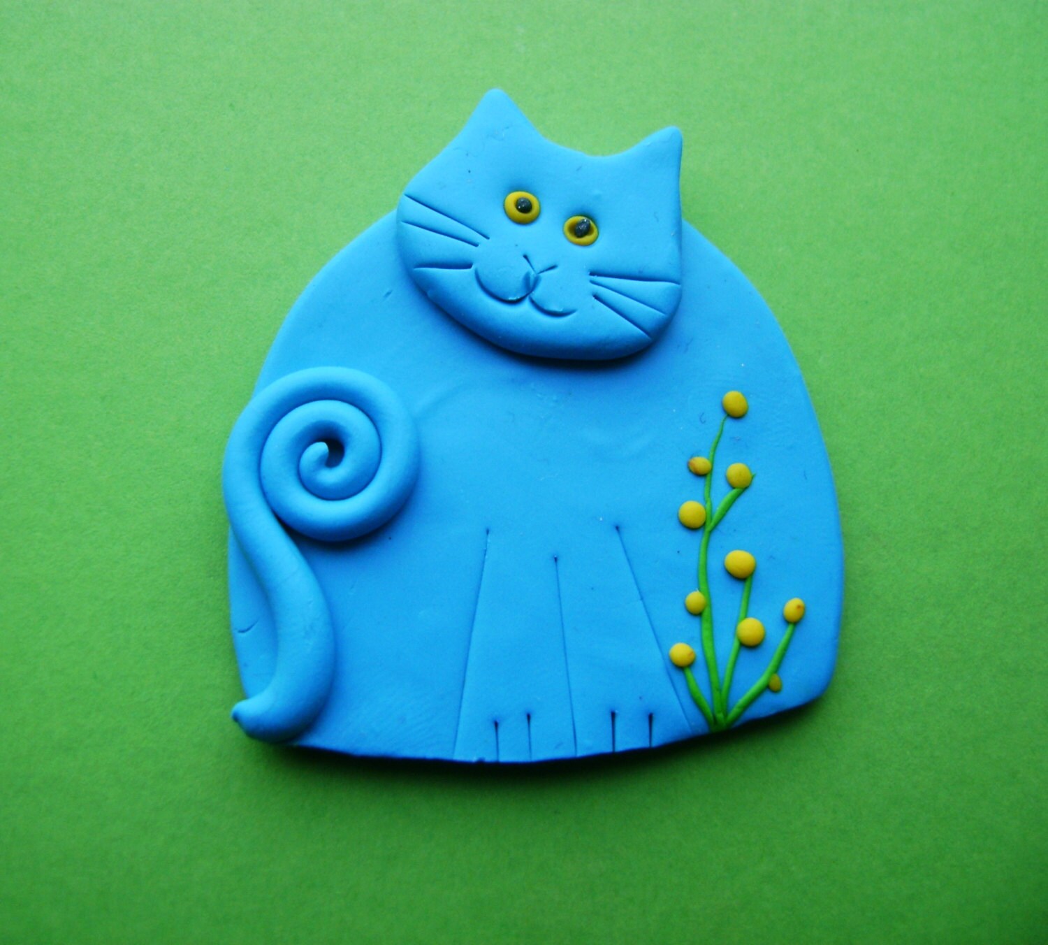Polymer Clay Blue Fimo Cat with yellow flowers Brooch or