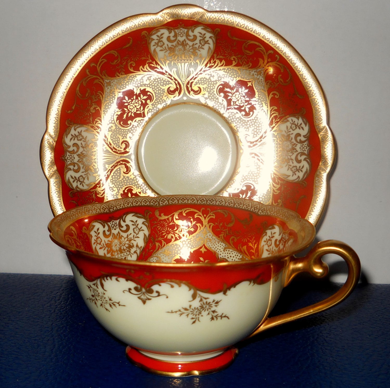 Antique Rare Tea Cup and Saucer Set – Orange Burnt Red Gold Gilt- Hand ...