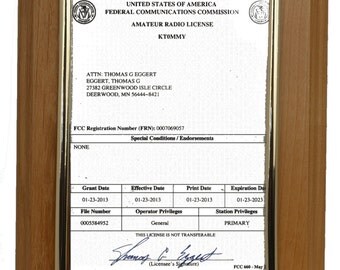 Ham Radio License Frame with your call letters FCC logo your