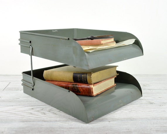 Vintage Stackable File Trays / Industrial Office Decor