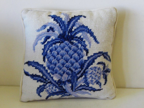 Williamsburg Pineapple Pillow Blue and White Needlepoint