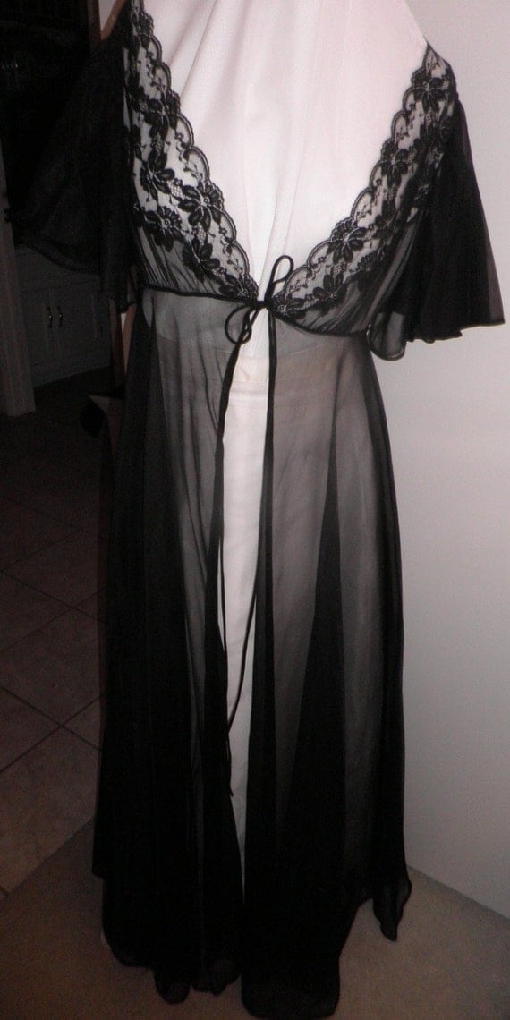 Vintage Black Robe Sheer With Lace And Sheer Ruffled Sleeves