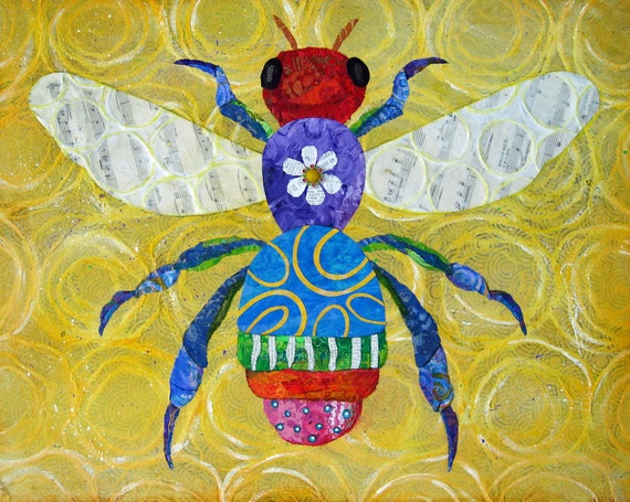 Items similar to Flower Bee - Mixed Media Collage Original - 18 X 24 ...