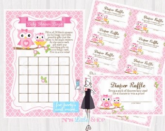 Owl Baby Shower bingo card and diaper raffle ticket