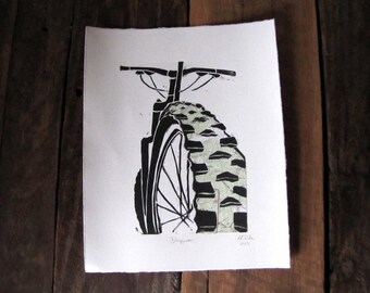 Mountain Bike Art Black Linocut Relief Print by CoffeeInBed