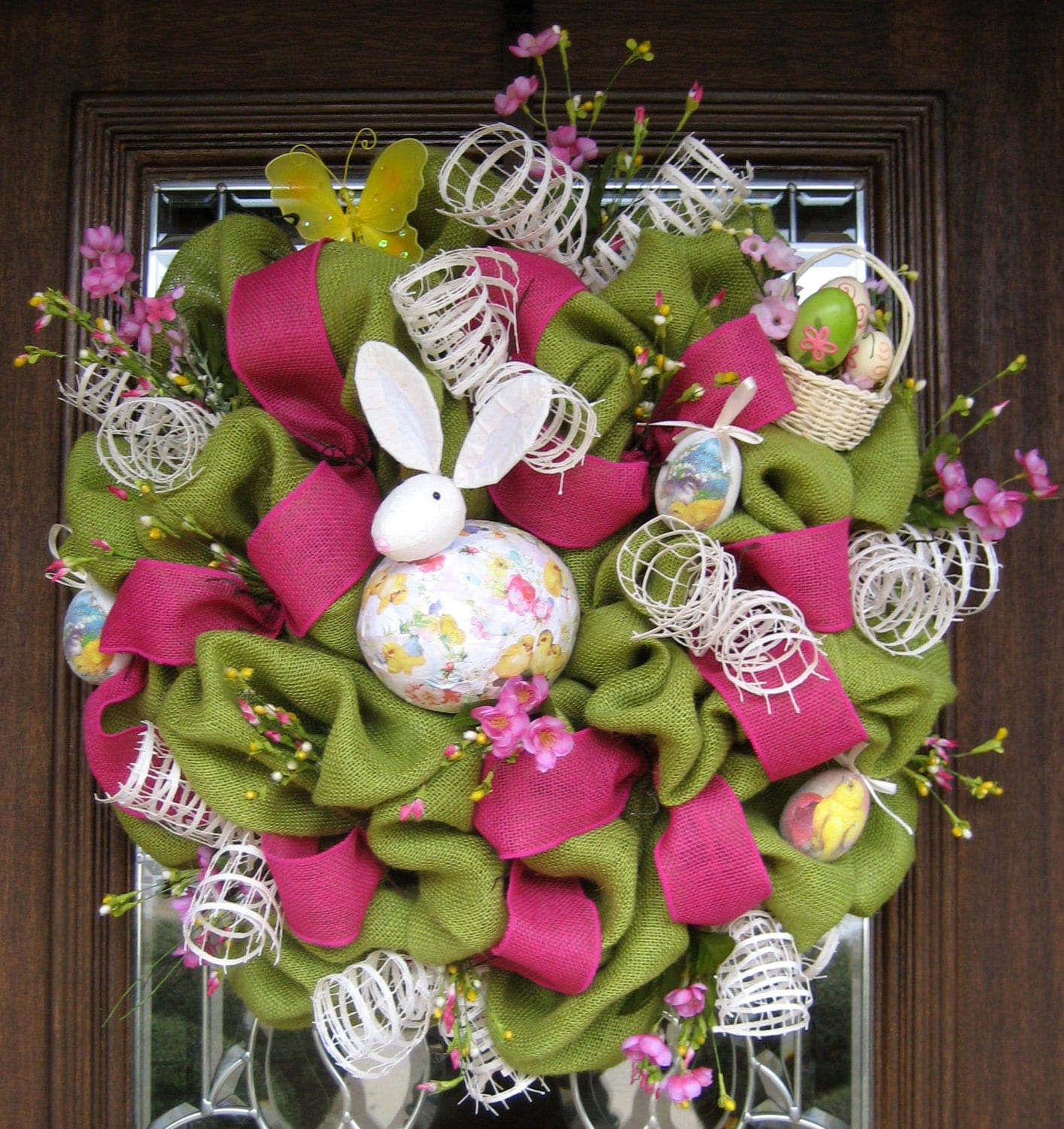 Spring or Easter Burlap Wreath with BEAUTIFUL FLORAL BUNNY