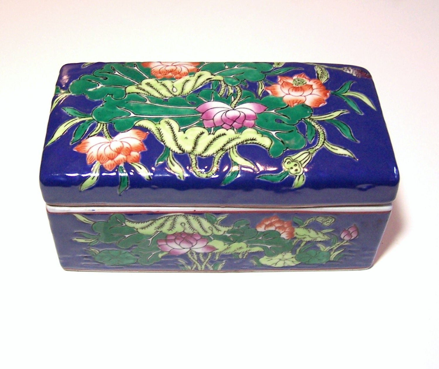 CHINESE PORCELAIN BOX – Vintage Hand Decorated Ceramic Box – Cobalt ...