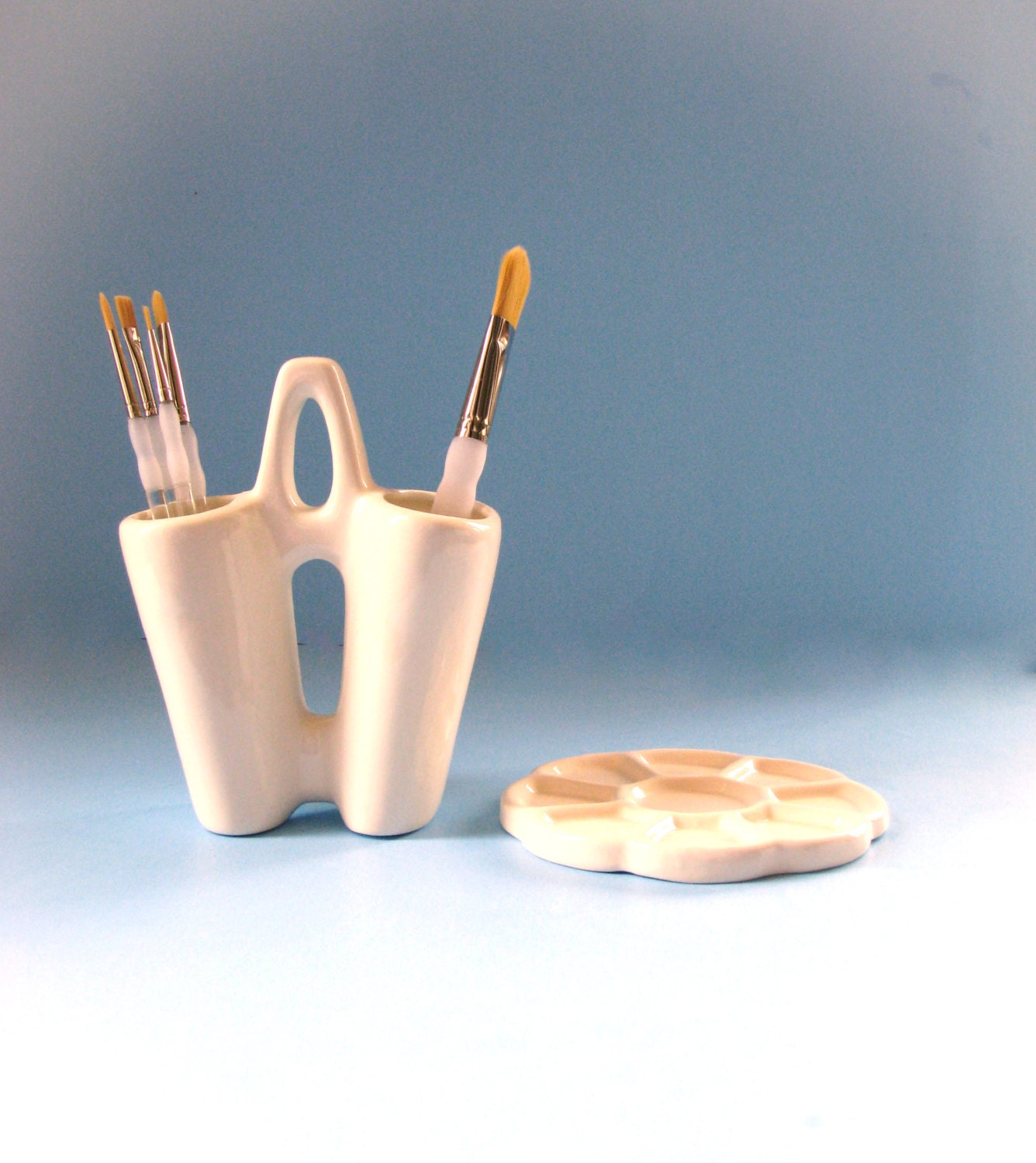 SET of One White Paint Brush Holder and Paint Palette The