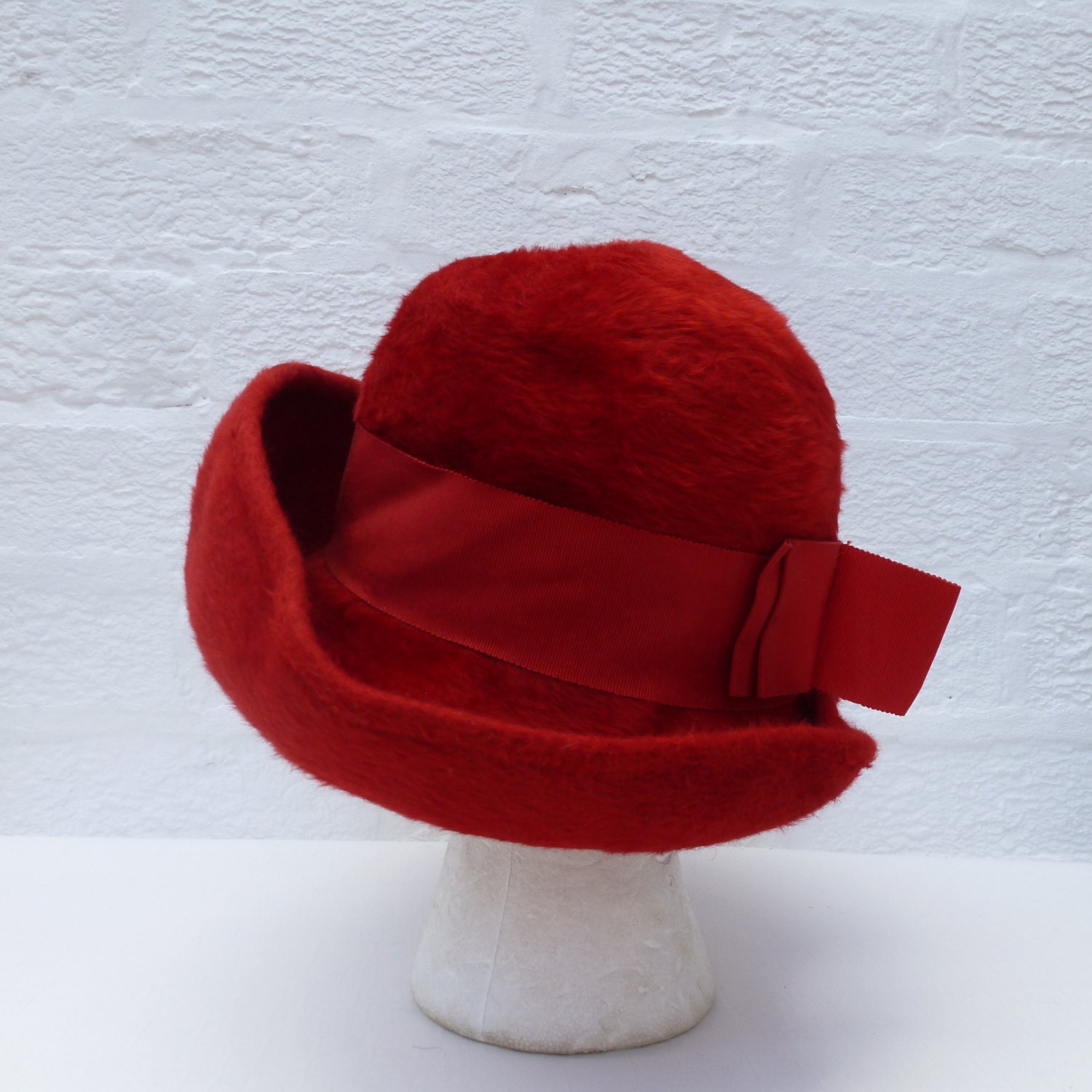 red hat wide brim hat wedding 60s vintage red fedora red wool hat ...