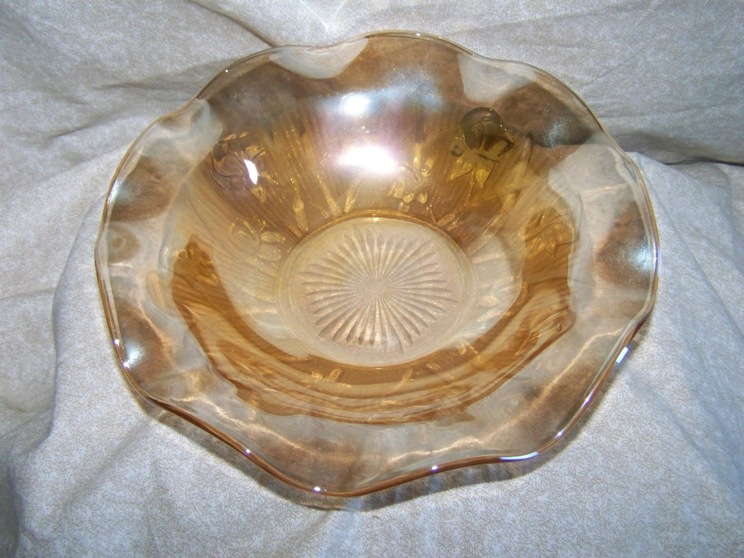 Vintage Amber Glass Bowl Iris Pattern