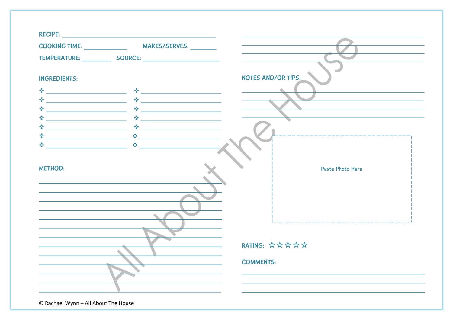EDITABLE Printable Recipe Sheet Template Meal Planning