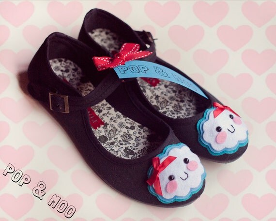 Items Similar To Kawaii Cloud Mary Jane Shoes Cute Black Canvas Felt Clouds Womens Flats