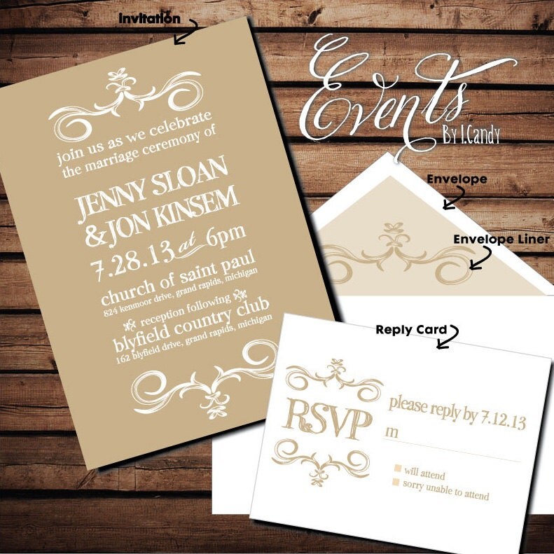 WEDDING INVITATION SAMPLE – vintage, tan with white – OnePaperHeart ...