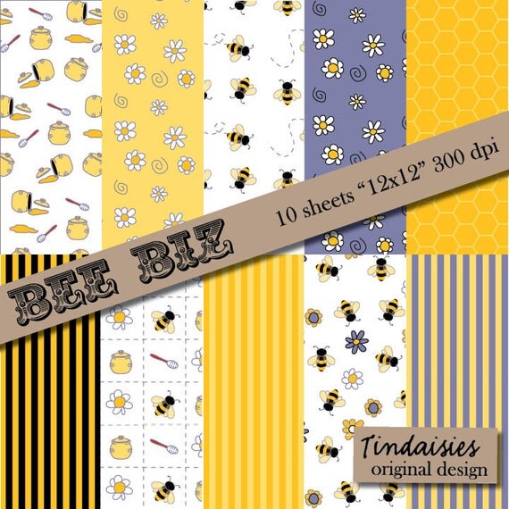 Digital Scrapbook Paper Bee Theme Package of 10