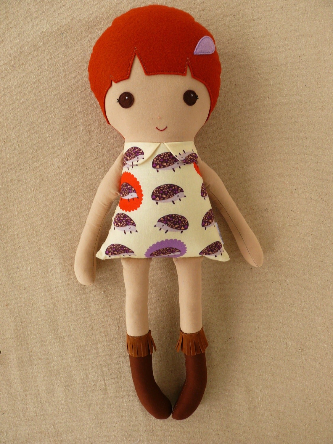 Fabric Doll Rag Doll Red Haired Girl In Hedgehog Print Dress