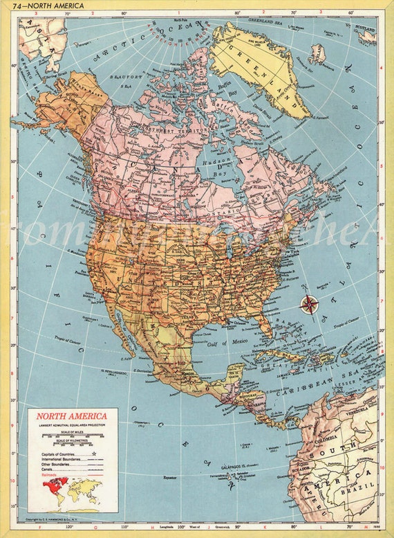Vintage map North America 1940s atlas cartography original