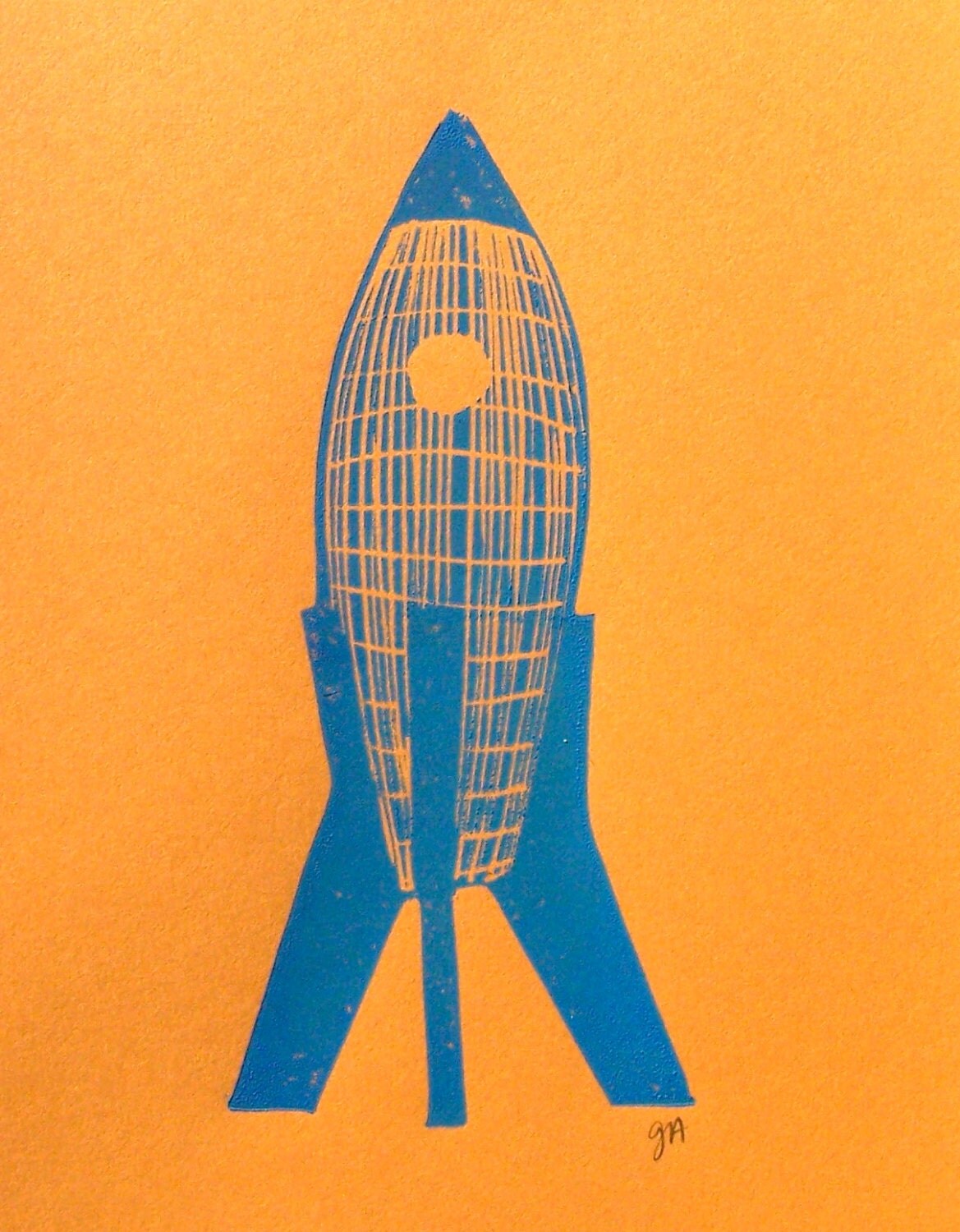 Rocket ship linoleum block print turquoise blue by thebigharumph