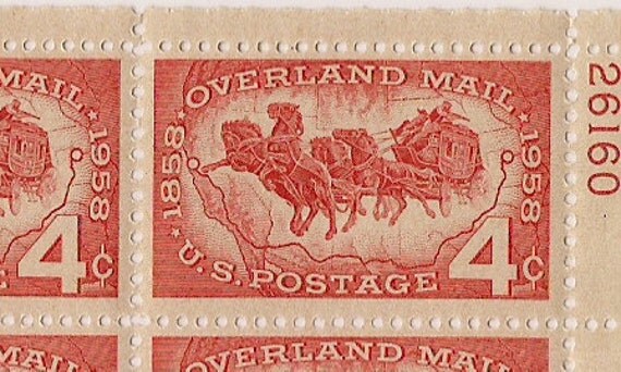 Postage stamps 4 cent stamps 1958 Overland Mail plate block