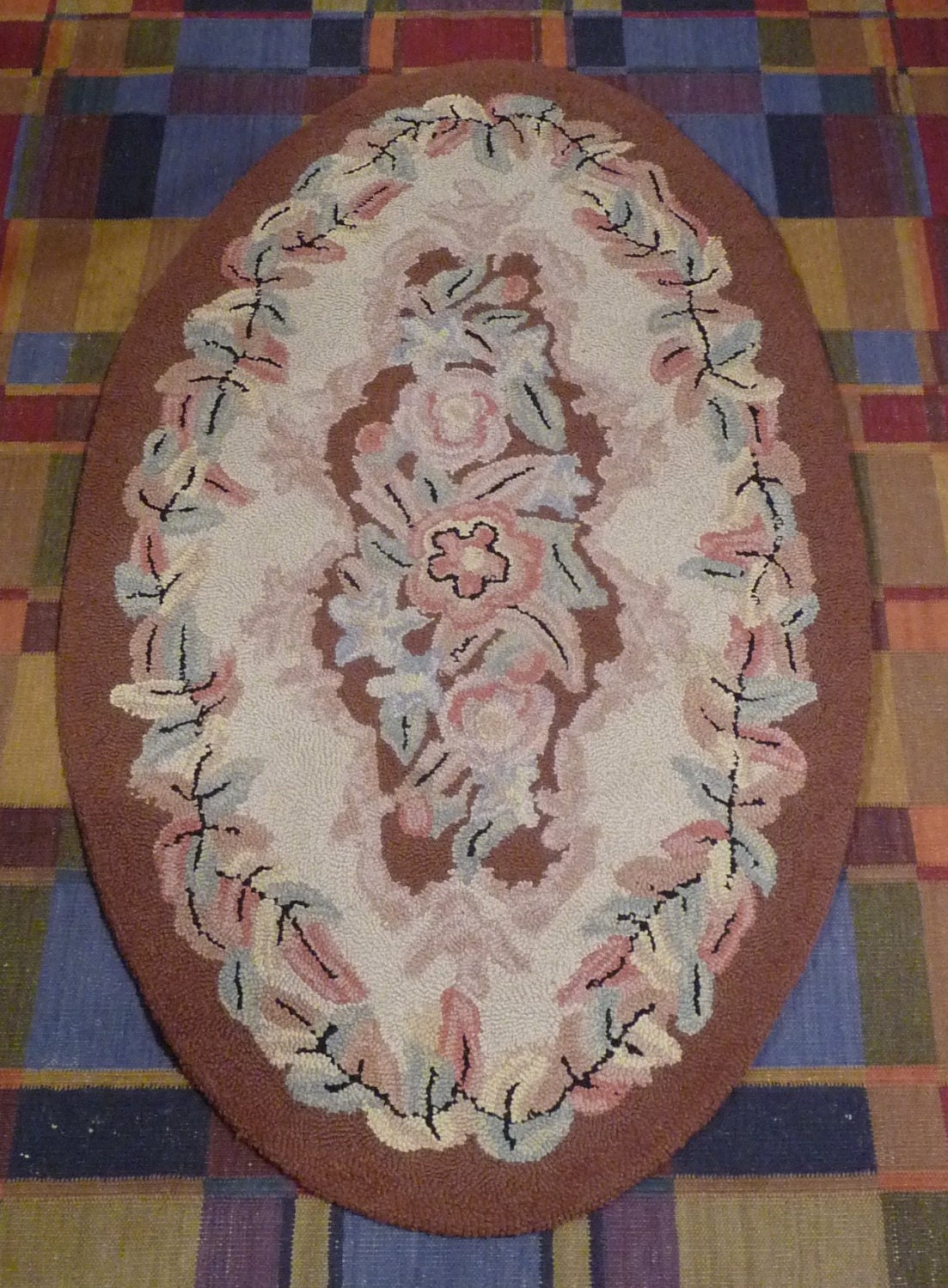 Vintage Priscilla Turner Hooked Rug Oval Wool 3 x 5