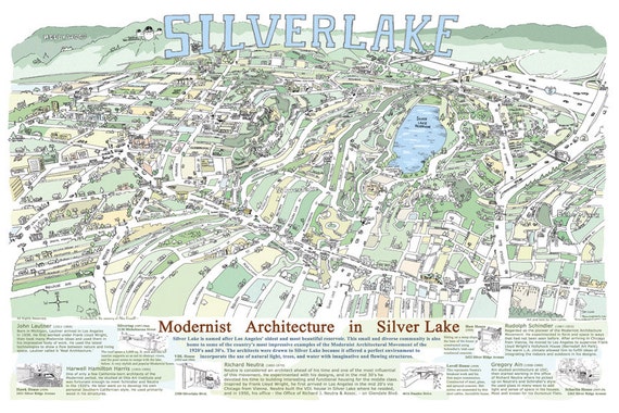 Silver Lake CA Map Print with Architectural Text. by TomLambMaps