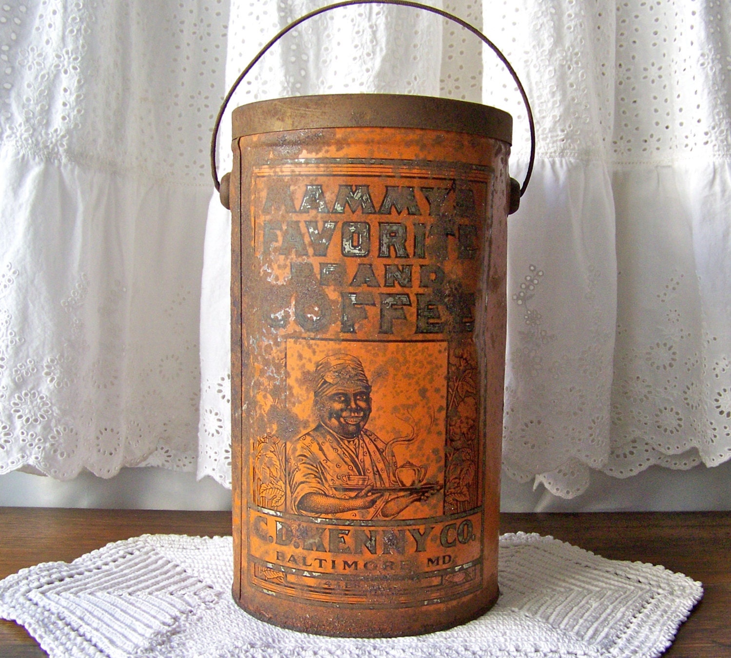 Antique Mammys Coffee Tin 1920s RARE Orange Kitchen Tin Mammy