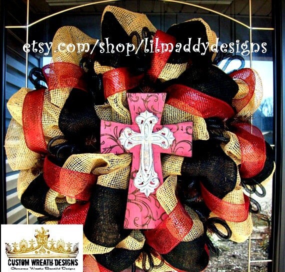 Black and Maroon Cross Wreath by lilmaddydesigns on Etsy