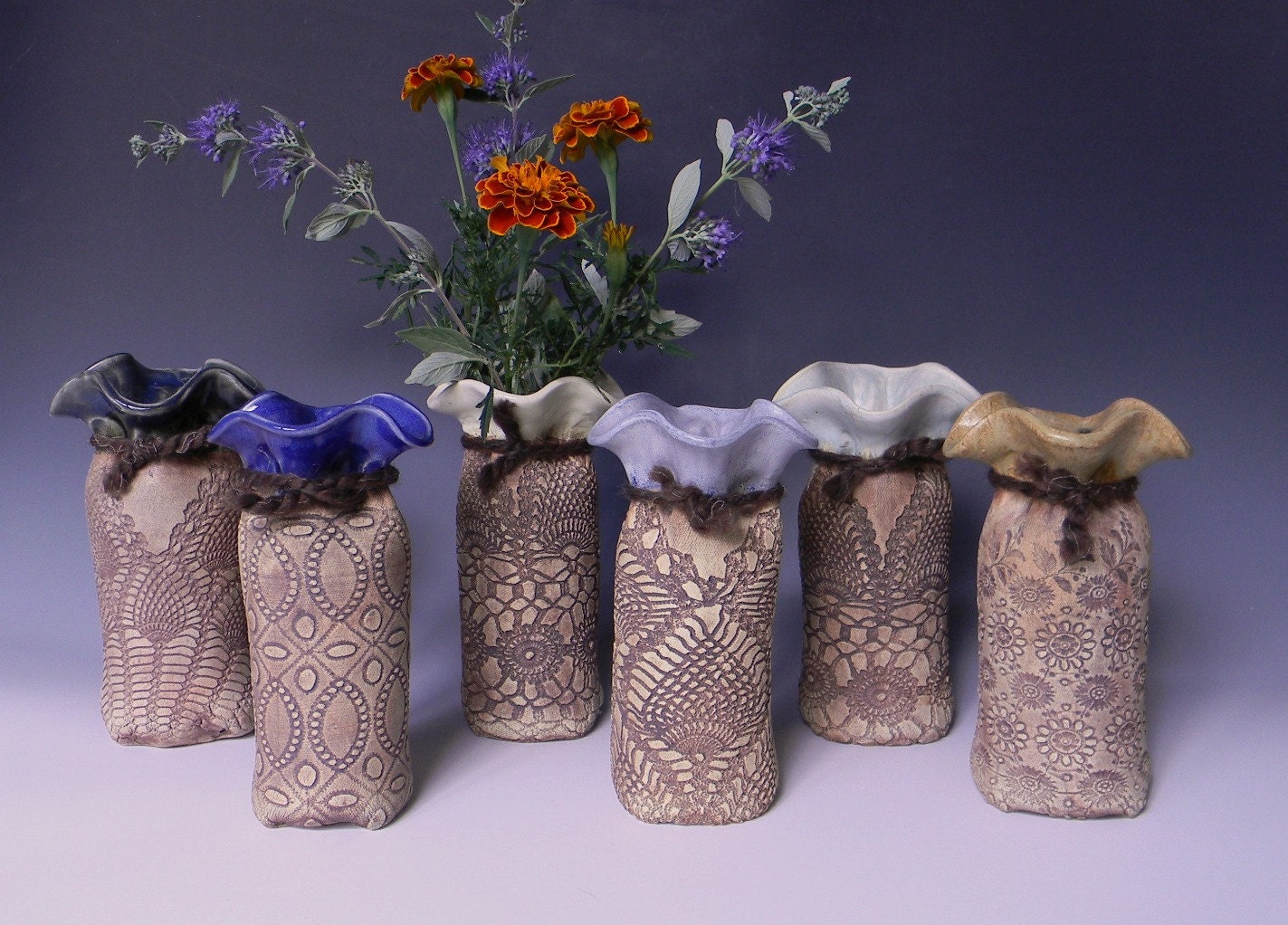 Lace-Impressed Ceramic Bud Vase by blueheronpottery on Etsy