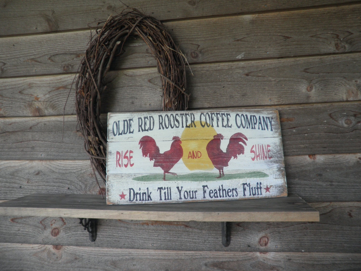 Primitive rooster sign Old red rooster coffee sign wood