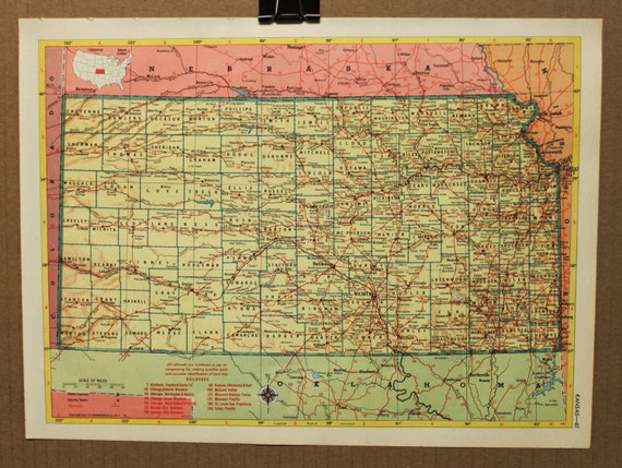 Vintage Map Kansas Original 1953 by PastOnPaper on Etsy