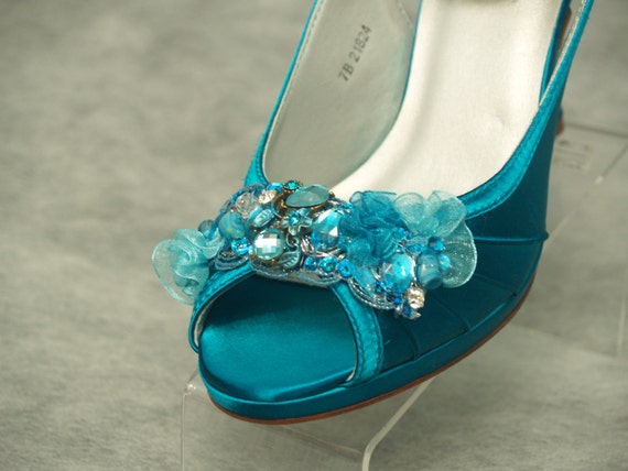 Teal Bridal Wedding Shoes Medium Comfortable Satin Heels