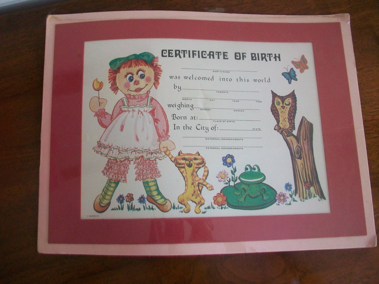 Vintage Sealed Raggedy Ann Baby Birth Certificate- Nursery Poster ...