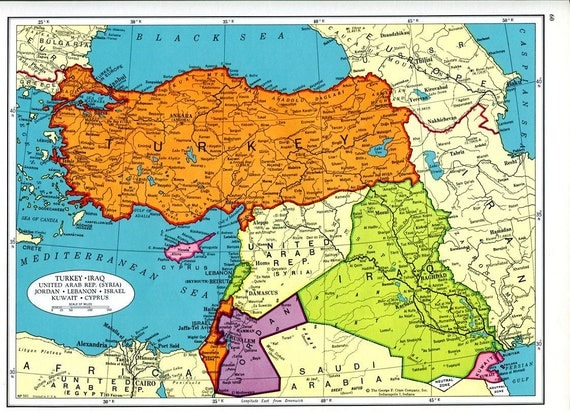 Turkey and Middle East Map 1960s Cram Atlas by SkippiDiddlePaper