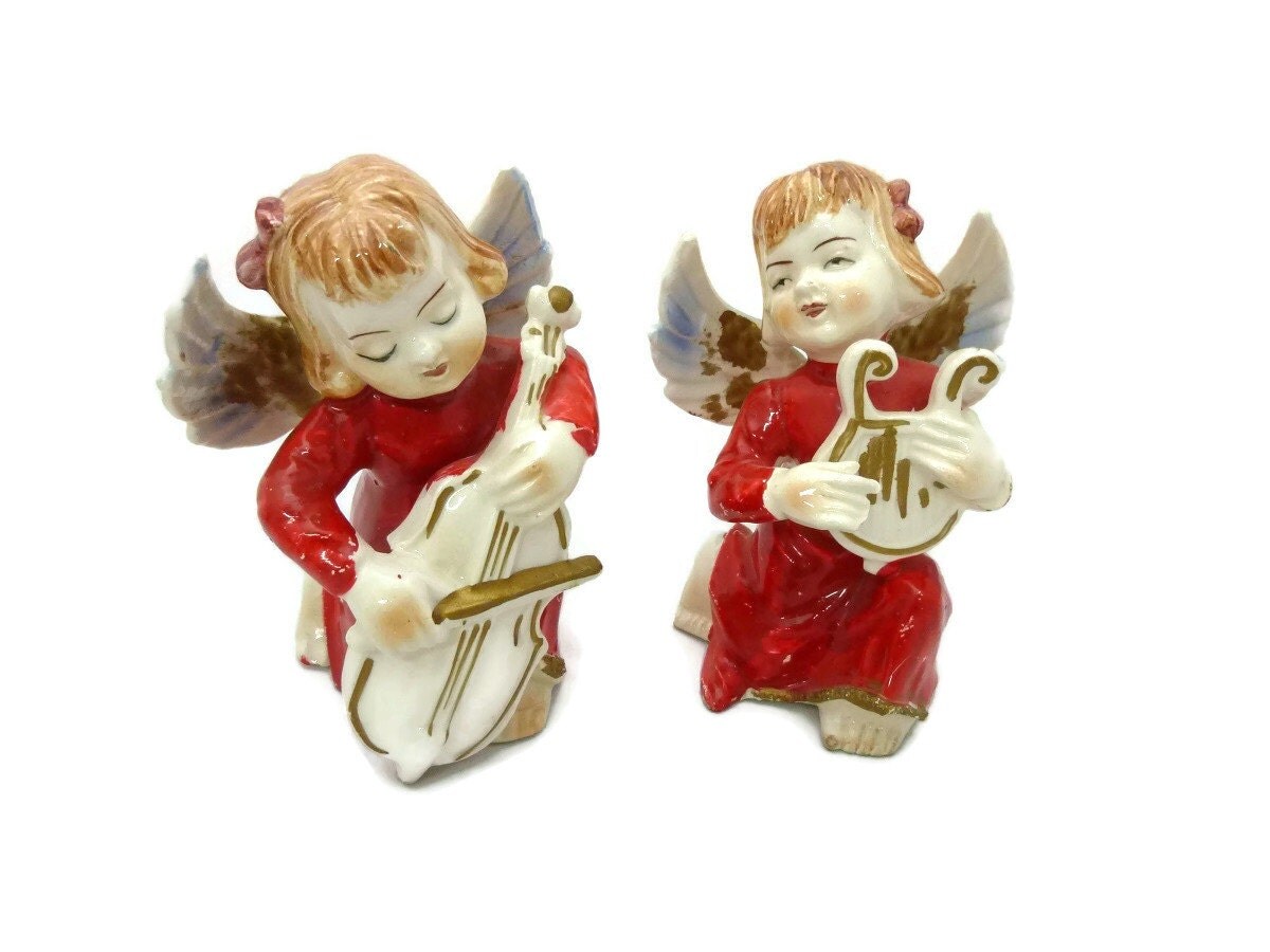 Pair of Angels Figurines with Musical Instruments