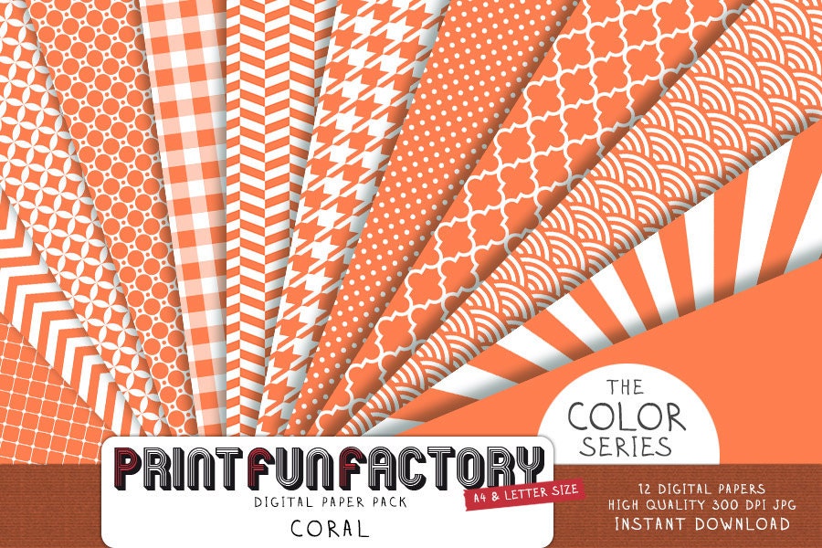 Coral digital paper – orange coral background patterns – 12 digital ...
