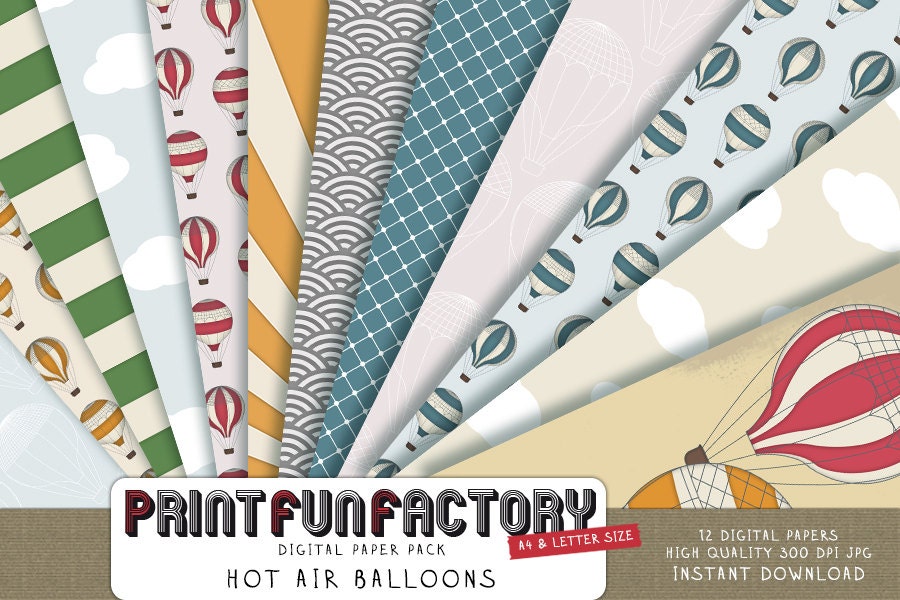 Hot air balloons digital paper – balloon scrapbook backgrounds – 12 ...