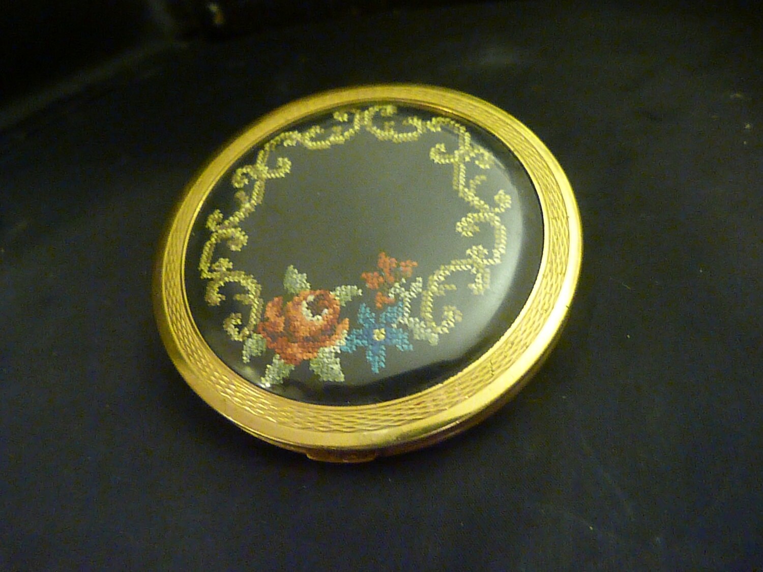 Vintage petit point compact mirror vintage powder compacts pocket ...