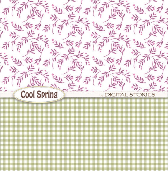 Pink Green Digital Paper Pack Floral Plaid Cool by DigitalStories