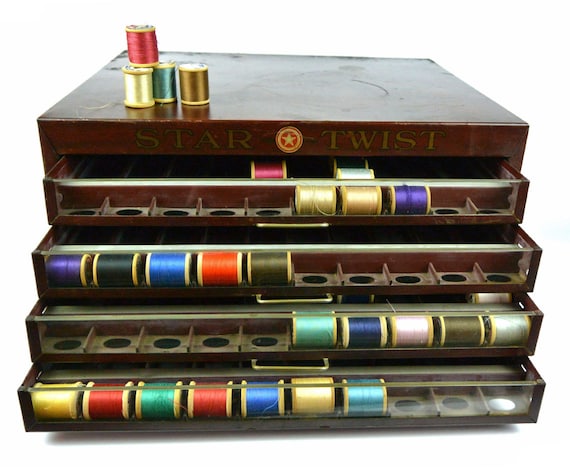 Antique Star Thread Display Case Wooden Thread Spool Cabinet