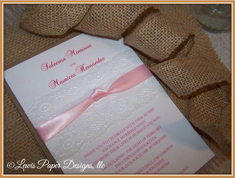 Pink Ribbon Vintage Lace and Twine Wedding Invitation – Rustic Wedding ...