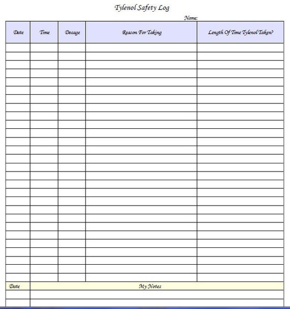 Printable Forms Tylenol Safety Log Log PDF Digital Health