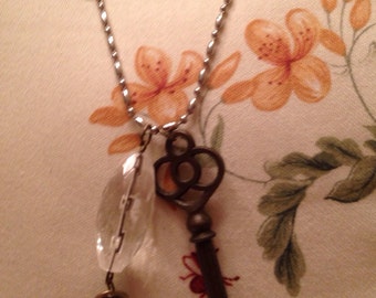 Items similar to Vintage Brass Key with Pink Flower necklace - FREE ...