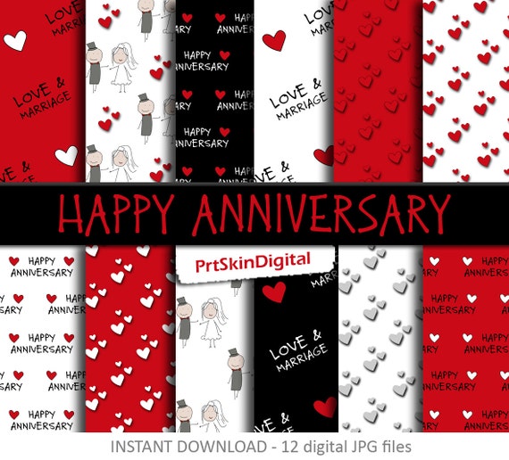 Happy Anniversary Digital Paper Pack in Red Black and White
