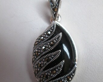 Sterling Silver Marcasite Pendant with Black Onyx Stone, Filigree ...
