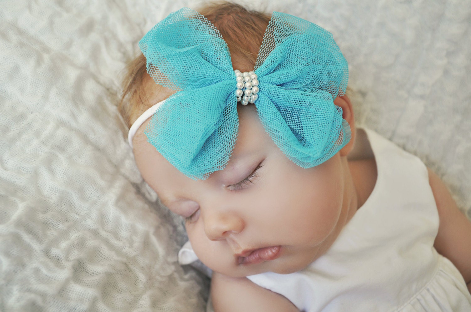 Turquoise Teal Aqua Blue Tulle Hair Bow by bellasbowtique2008