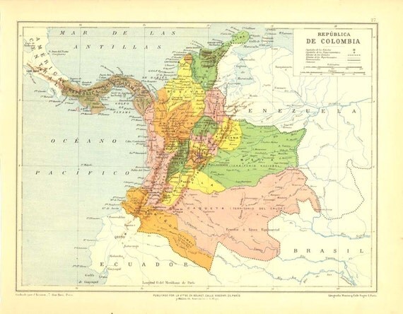 Antique Map of Colombia 1912 Political Division of Colombia