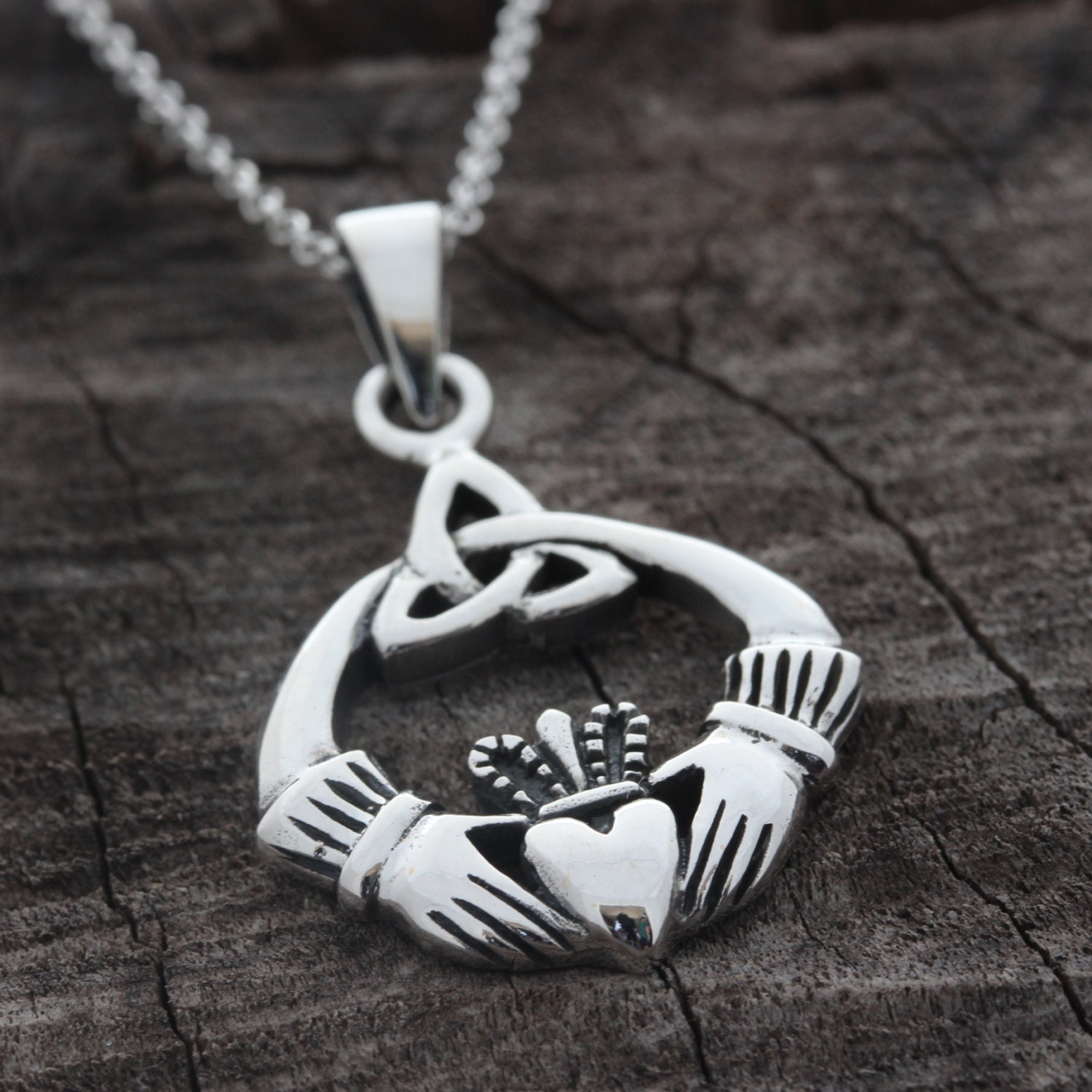 Celtic Knot Claddagh Pendant Sterling Silver Necklace Love