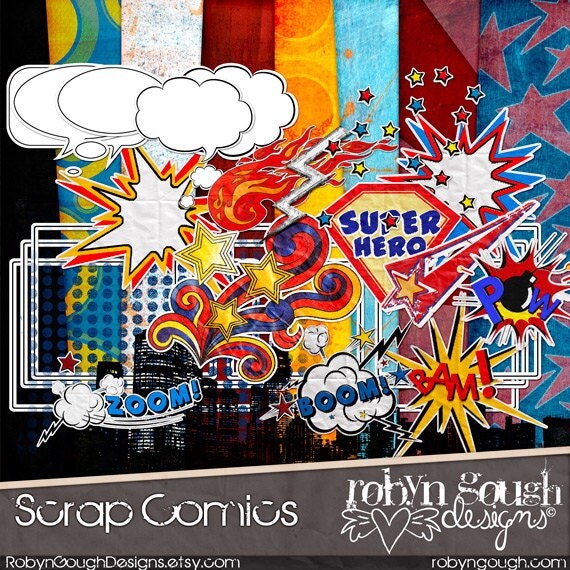 Comic Book Digital Scrapbook Kit Clip Art by RobynGoughDesigns